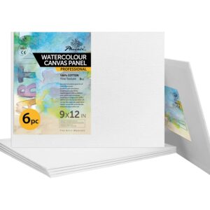 phoenix watercolor canvas panels 9x12 inch, 6 pack - 8 oz triple primed 100% cotton acid free canvases for painting, blank flat canvas boards for watercolor, acrylic, gouache & tempera painting