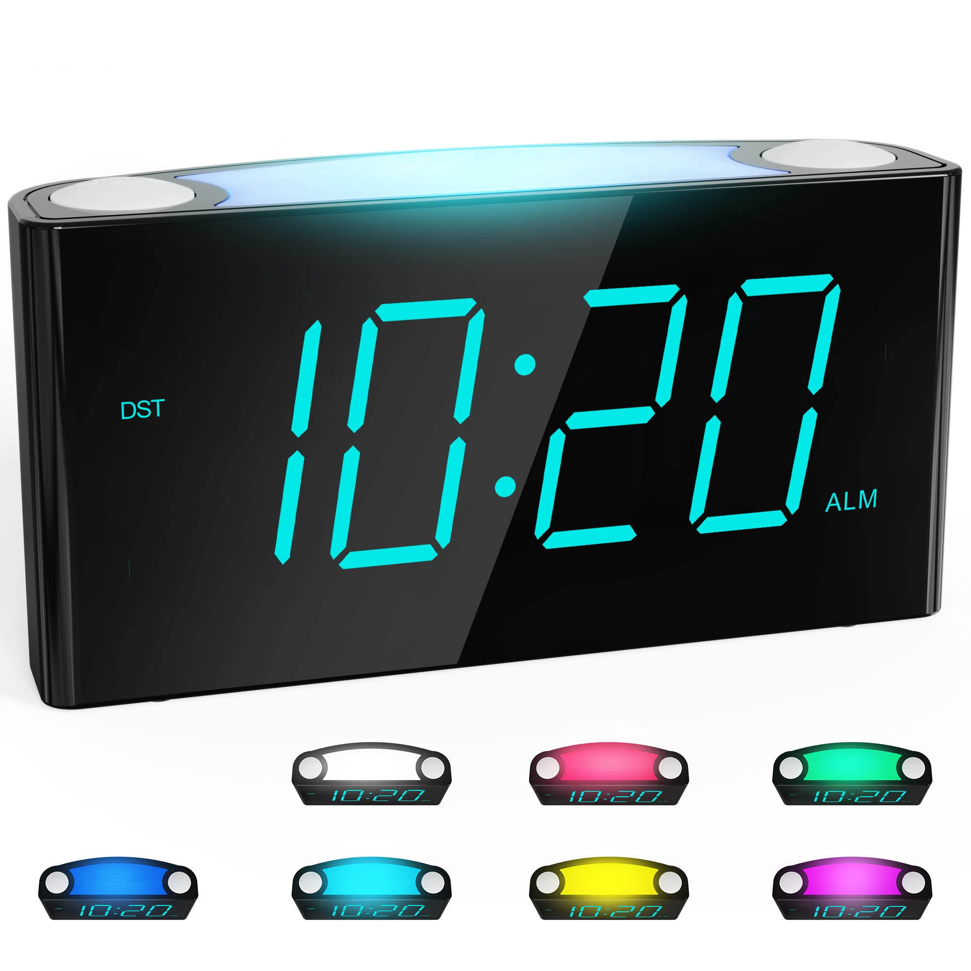 Rocam Digital Alarm Clock for Bedrooms - Large 7.5'' LED Display with Dimmer, Snooze, 7 Color Night Light, Easy to Set, USB Chargers, Battery Backup, 12/24 Hour for Kids,Heavy Sleepers(Blue)