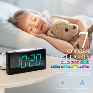 Rocam Digital Alarm Clock for Bedrooms - Large 7.5'' LED Display with Dimmer, Snooze, 7 Color Night Light, Easy to Set, USB Chargers, Battery Backup, 12/24 Hour for Kids,Heavy Sleepers(Blue)