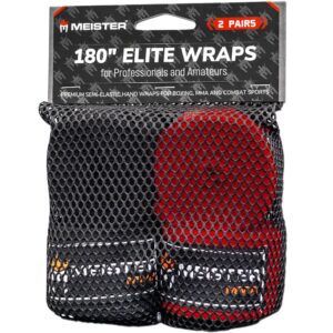 meister elite 180" premium adult hand wraps for mma & boxing - 2 pair pack w/mesh bag - black/blood red