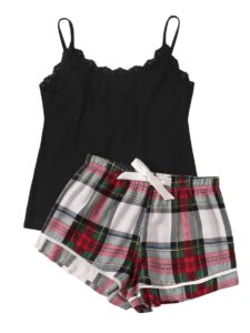 sweatyrocks women's sleepwear set plaid print cami top and elastic waist short pajama set multicolor large