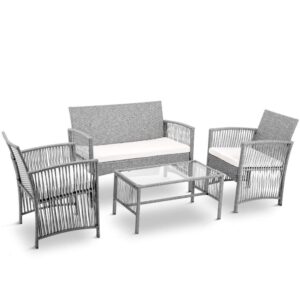 yyao 4 pcs outdoor patio rattan furniture conversation sets pe wicker rattan sofa chair cushioned seat furniture set,coffee table with tempered glass tabletop - gray