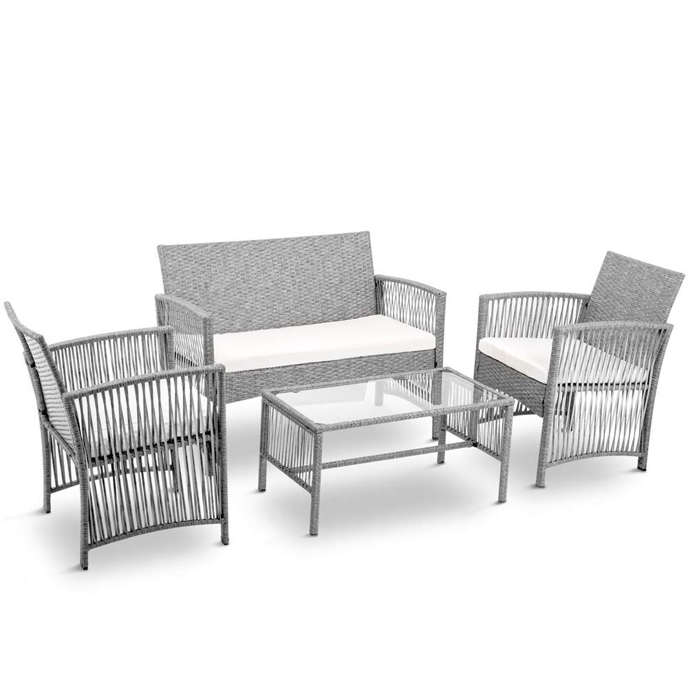 YYAO 4 PCs Outdoor Patio Rattan Furniture Conversation Sets PE Wicker Rattan Sofa Chair Cushioned Seat Furniture Set,Coffee Table with Tempered Glass Tabletop - Gray