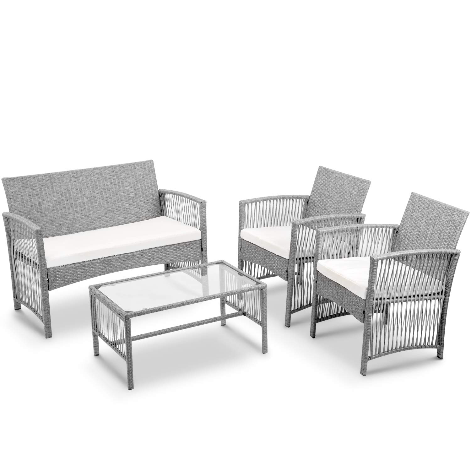 YYAO 4 PCs Outdoor Patio Rattan Furniture Conversation Sets PE Wicker Rattan Sofa Chair Cushioned Seat Furniture Set,Coffee Table with Tempered Glass Tabletop - Gray