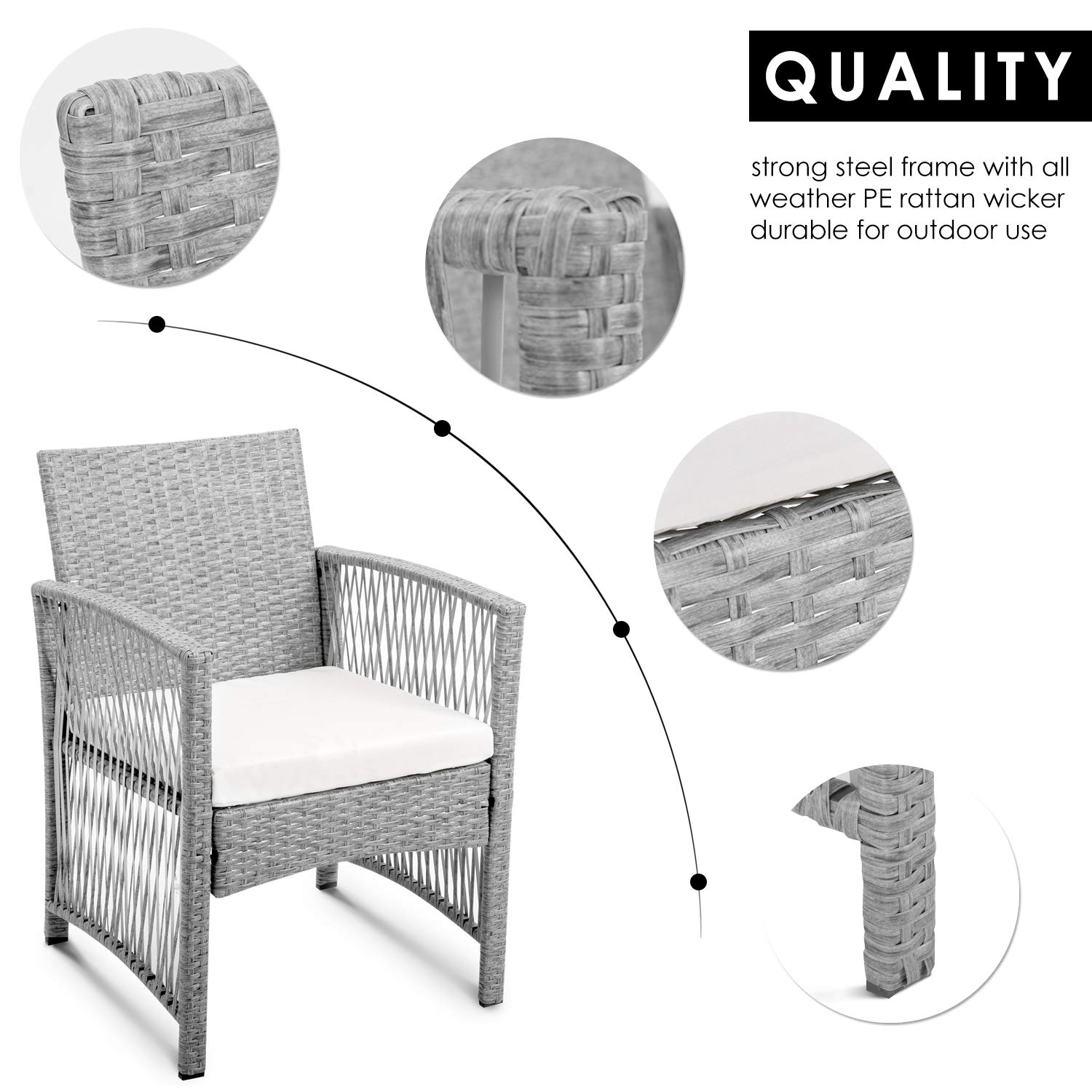 YYAO 4 PCs Outdoor Patio Rattan Furniture Conversation Sets PE Wicker Rattan Sofa Chair Cushioned Seat Furniture Set,Coffee Table with Tempered Glass Tabletop - Gray