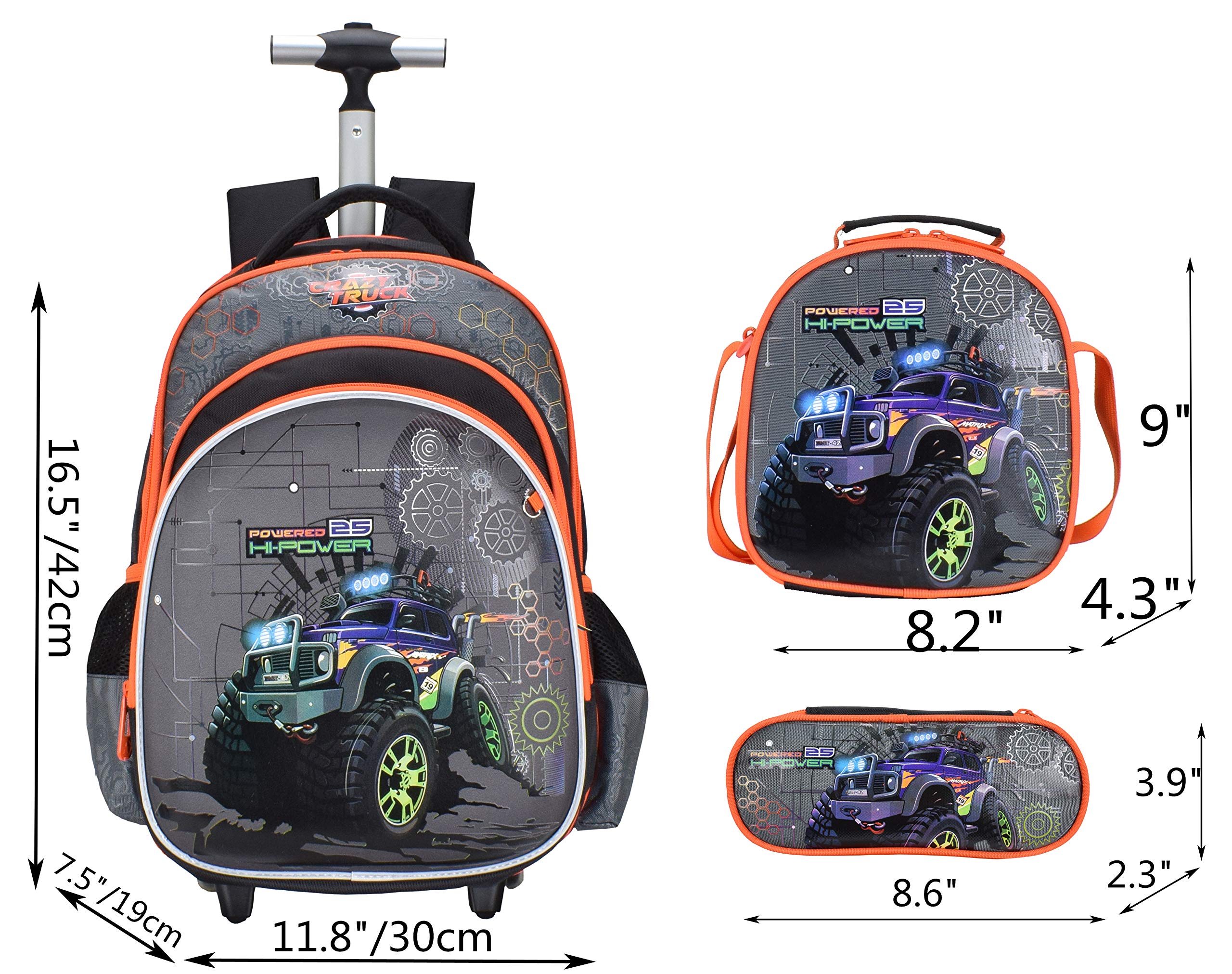 Meetbelify 3Pcs Rolling Backpack for Boys with Lunch Bag Pencil Case School Bags Wheeled Backpack