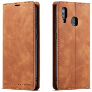 qltypri samsung galaxy a40 case, premium pu leather cover tpu bumper with card holder kickstand hidden magnetic adsorption shockproof flip wallet case for samsung galaxy a40 - brown