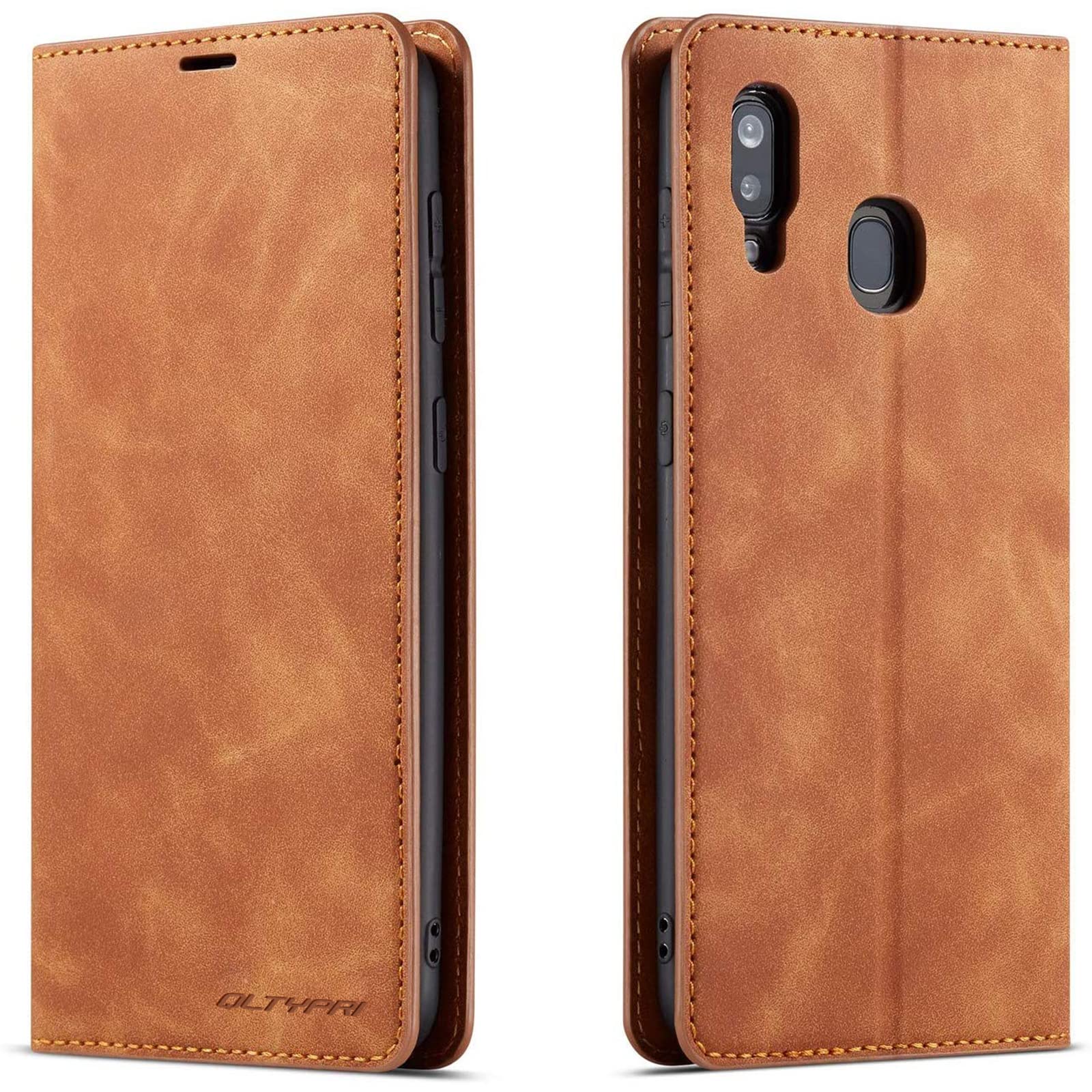 QLTYPRI Samsung Galaxy A40 Case, Premium PU Leather Cover TPU Bumper with Card Holder Kickstand Hidden Magnetic Adsorption Shockproof Flip Wallet Case for Samsung Galaxy A40 - Brown