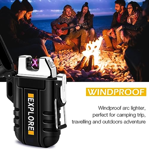 LcFun Waterproof Electric Lighter Windproof Dual Arc USB Rechargeable Flameless Plasma Lighters for Camping Hiking Survival Tactical Gear Gifts for Men Fathers Husband