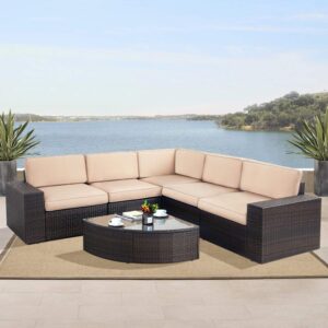 patiomore 6 pieces outdoor patio furniture sets, all-weather wicker rattan chair conversation sectional sofa with tempered glass table, brown