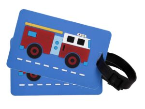 wildkin kids luggage tags for boys and girls, includes 2 matching bag tags and removable information card, perfect size for attaching to suitcases, backpacks and duffle bags, olive kids (fire truck)