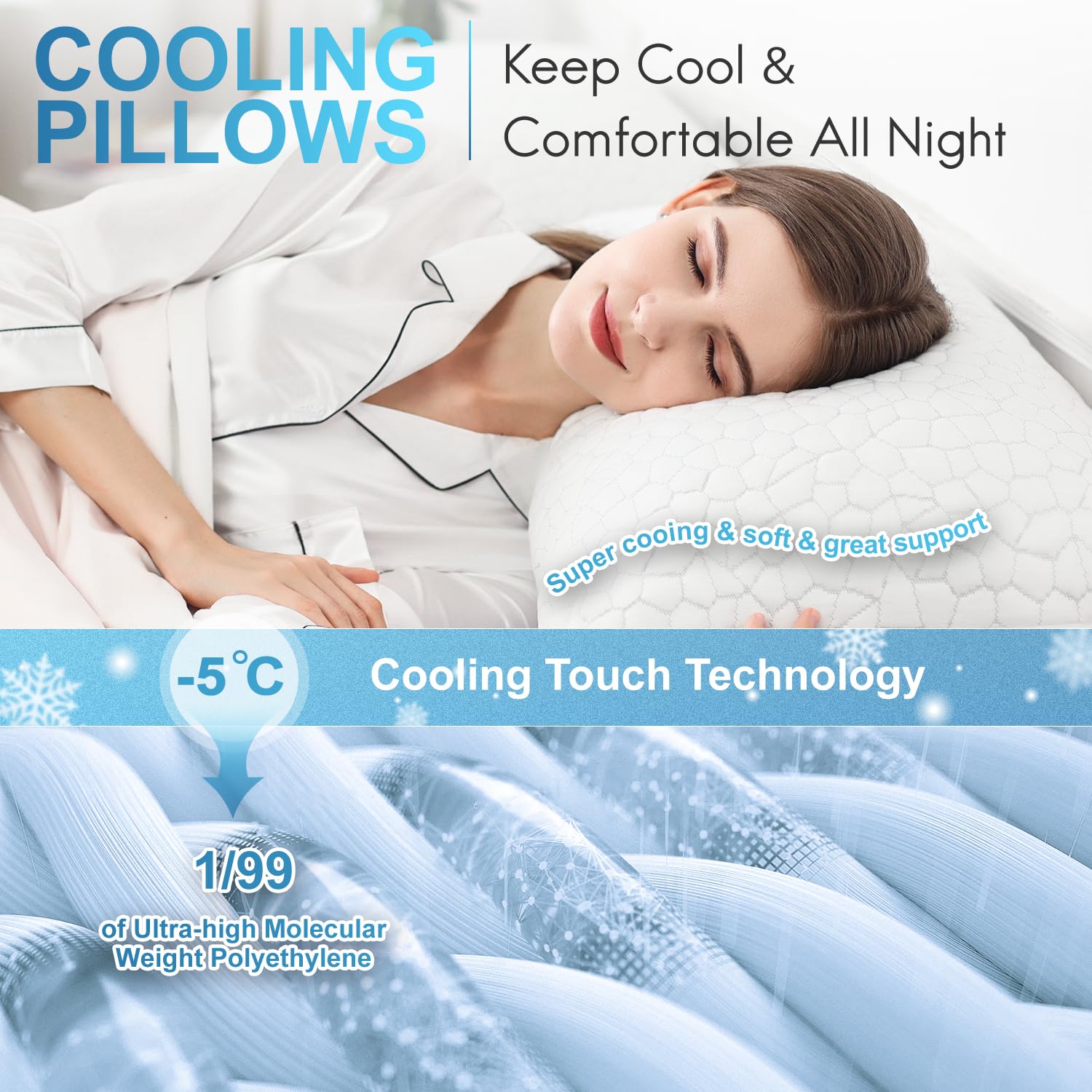 QUTOOL Cooling Pillows for Sleeping 2 Pack, Shredded Memory Foam Bed Pillows Queen Size Set of 2, Gel Pillow for Hot Sleepers Cool Pillow for Side Back and Stomach Sleepers, Cold Pillow, Supportive