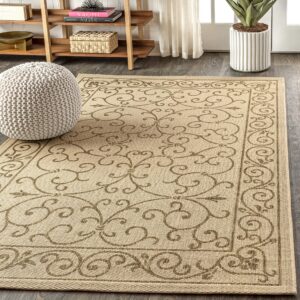 JONATHAN Y SMB106A-8 Charleston Vintage Filigree Textured Weave Indoor Outdoor Area Rug Classic Coastal Easy Cleaning Bedroom Kitchen Backyard Patio Non Shedding, 8 X 10, Beige/Brown