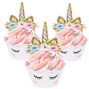 unicorn cupcake toppers and wrappers decorations (40 of each) - reversible rainbow cup cake liners with unicorn topper | cute decorating supplies for girl birthday party