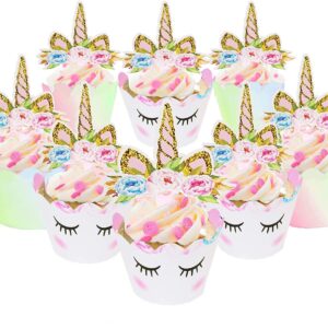 Unicorn Cupcake Toppers and Wrappers Decorations (40 of Each) - Reversible Rainbow Cup Cake Liners with Unicorn Topper | Cute Decorating Supplies for Girl Birthday Party