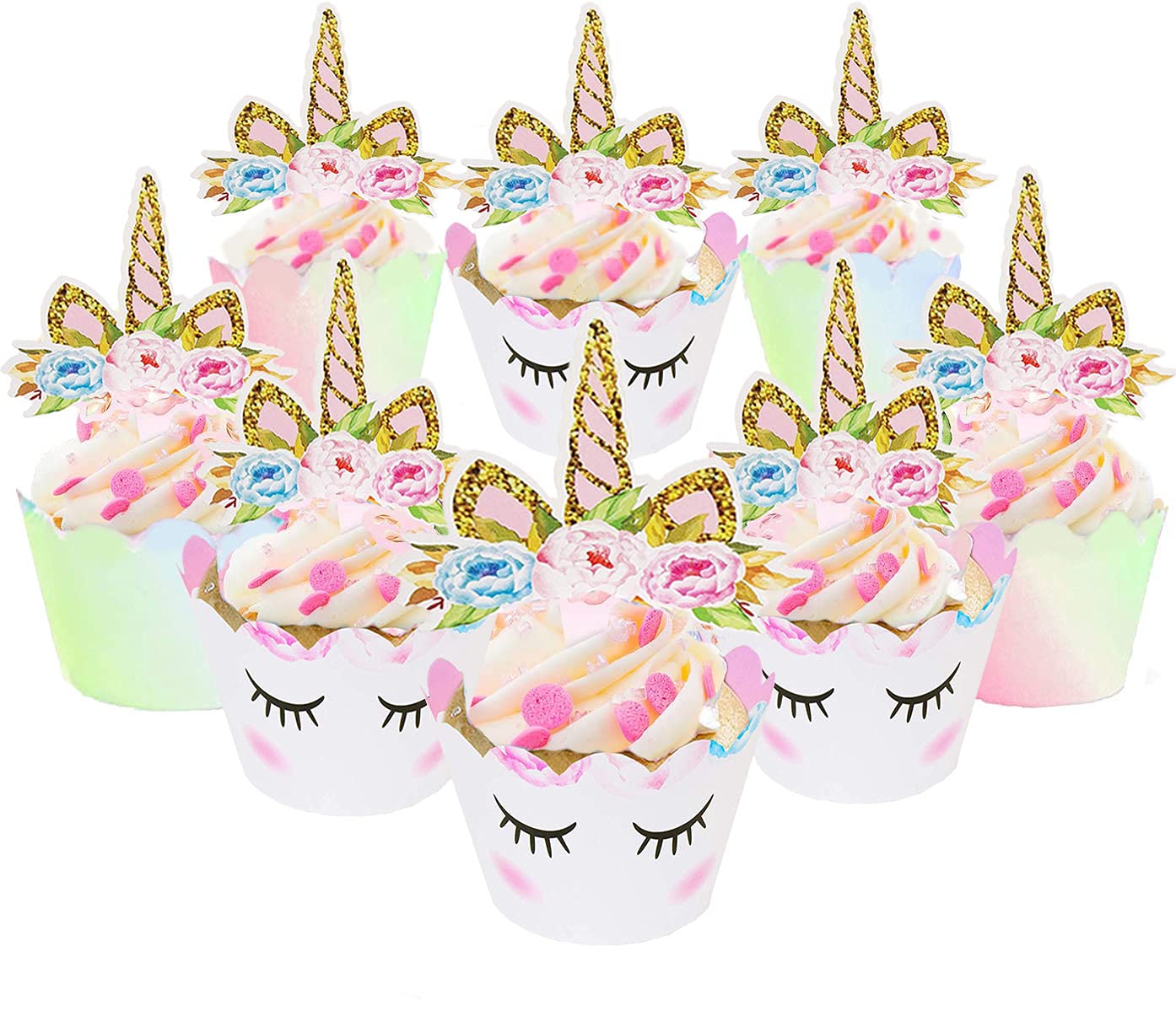 Unicorn Cupcake Toppers and Wrappers Decorations (40 of Each) - Reversible Rainbow Cup Cake Liners with Unicorn Topper | Cute Decorating Supplies for Girl Birthday Party