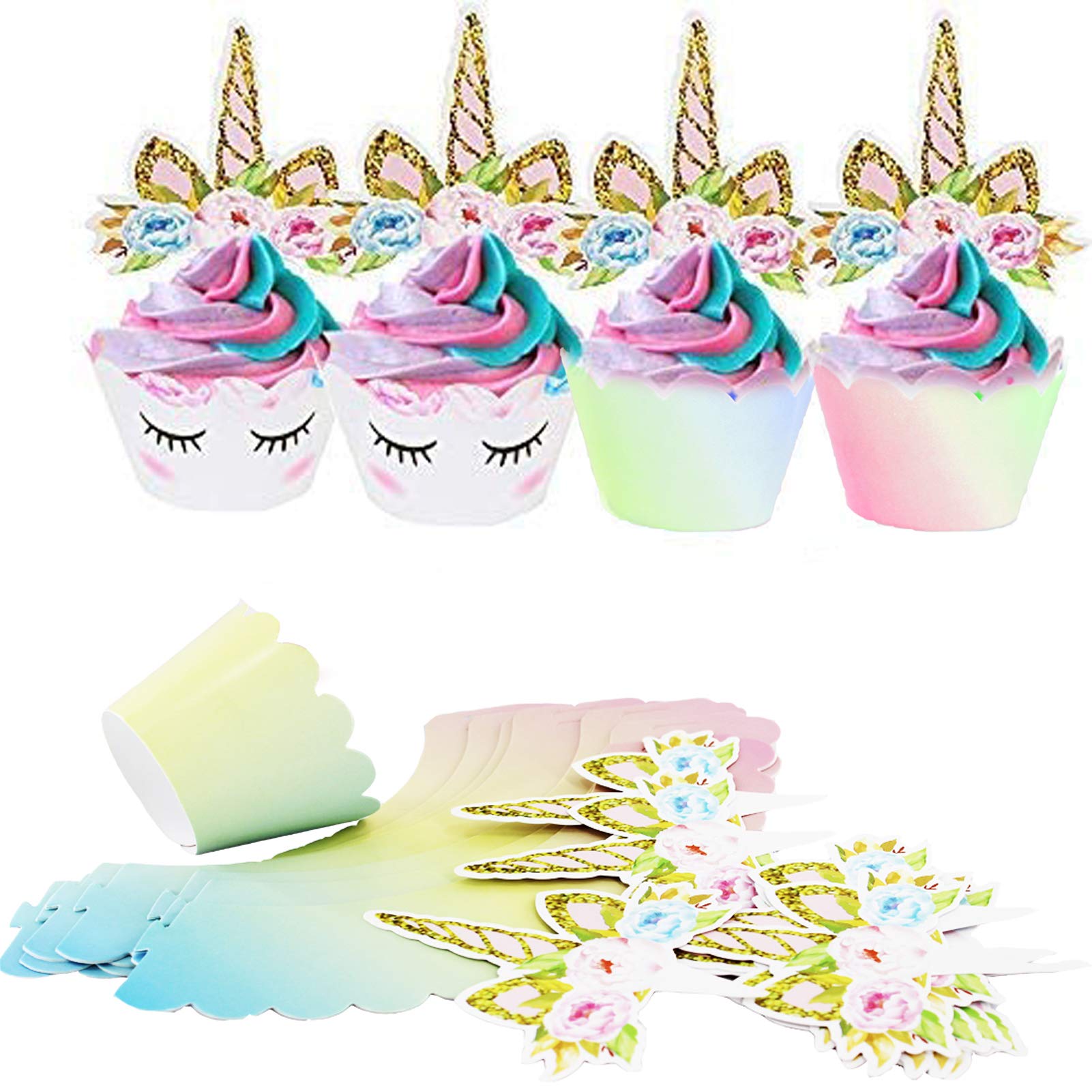 Unicorn Cupcake Toppers and Wrappers Decorations (40 of Each) - Reversible Rainbow Cup Cake Liners with Unicorn Topper | Cute Decorating Supplies for Girl Birthday Party