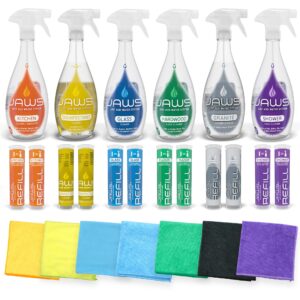 jaws cleaners ultimate cleaning kit, multi-surface kitchen, glass, shower, granite, hardwood floor and disinfectant, 2 refill pods of each, includes microfiber cloths