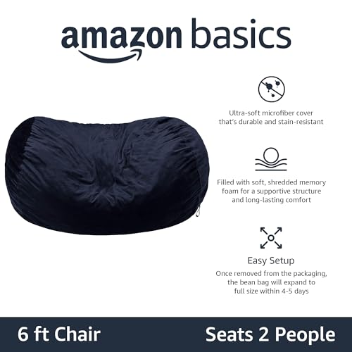 Amazon Basics Memory Foam Filled Bean Bag Lounger with Microfiber Cover, 6 ft, Blue, Solid