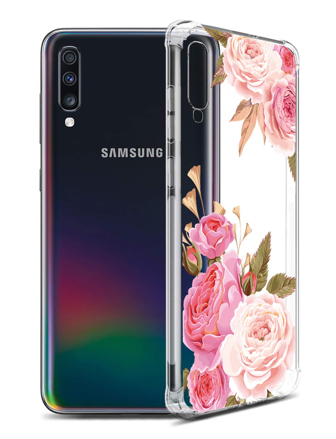 GREATRULY Floral Clear Case for Galaxy A70 for Women Girls,Pretty Phone Case for Samsung Galaxy A70 (2019),Flower Design Transparent Slim Soft Drop Proof TPU Bumper Cushion Silicone Cover Shell,FL-K