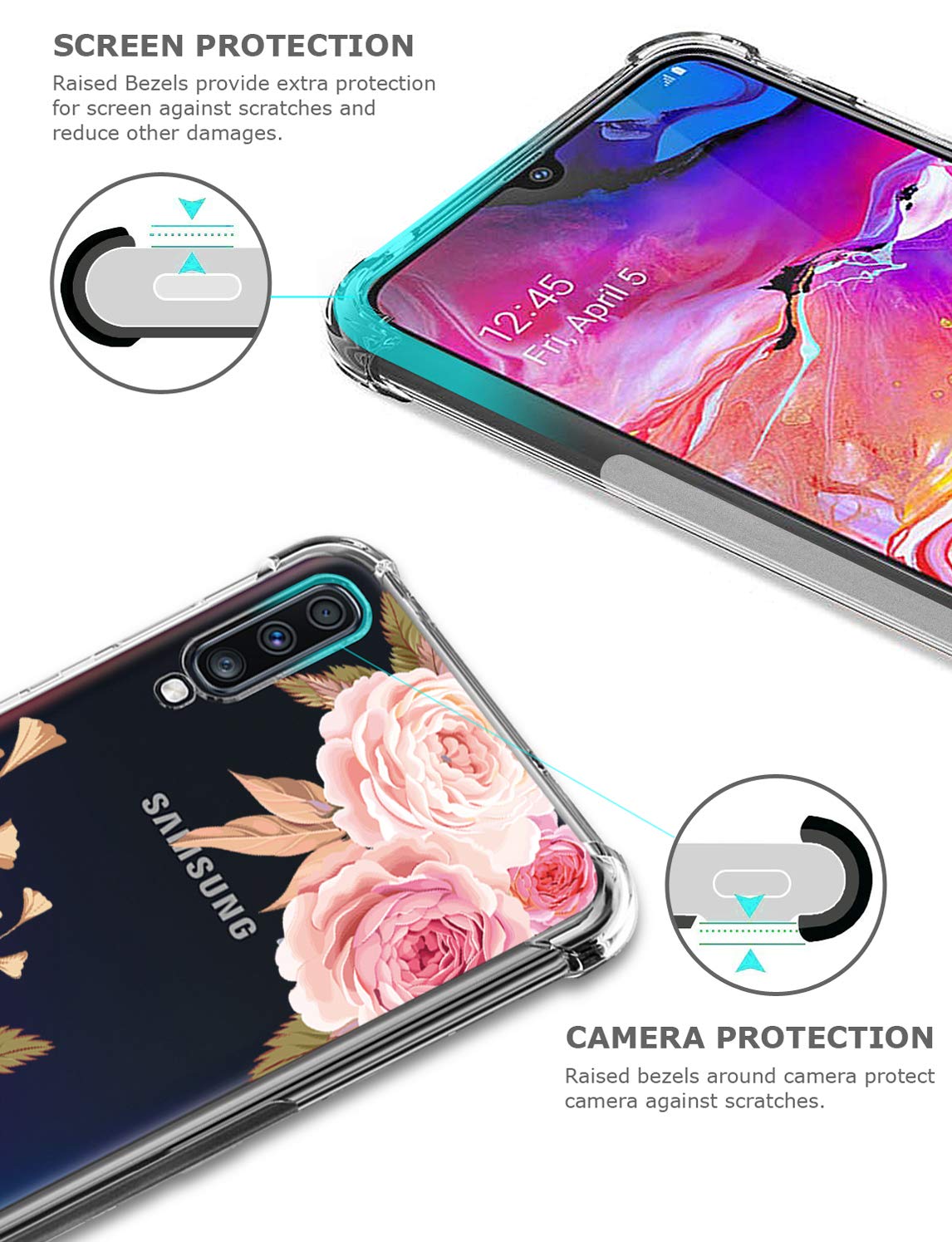 GREATRULY Floral Clear Case for Galaxy A70 for Women Girls,Pretty Phone Case for Samsung Galaxy A70 (2019),Flower Design Transparent Slim Soft Drop Proof TPU Bumper Cushion Silicone Cover Shell,FL-K