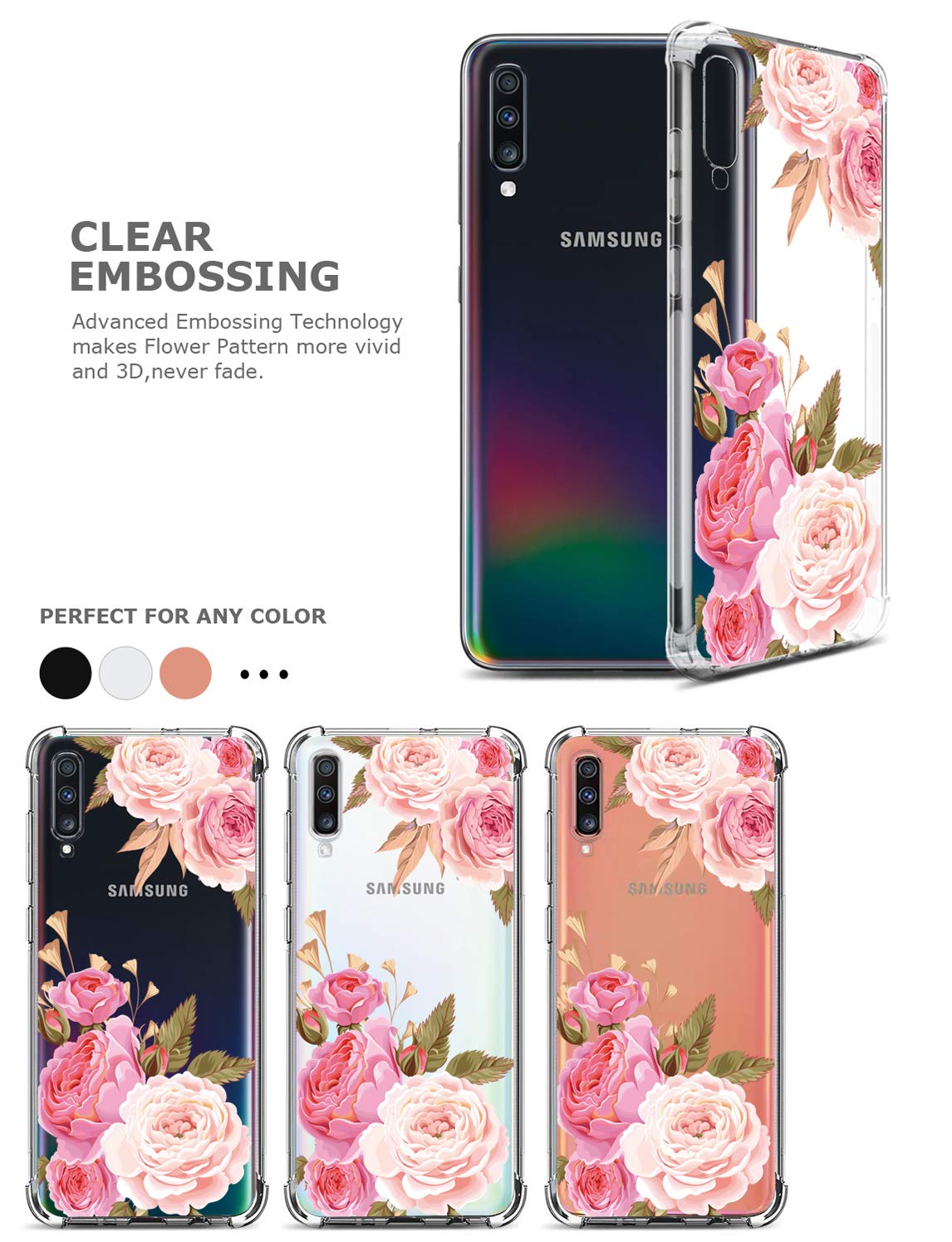 GREATRULY Floral Clear Case for Galaxy A70 for Women Girls,Pretty Phone Case for Samsung Galaxy A70 (2019),Flower Design Transparent Slim Soft Drop Proof TPU Bumper Cushion Silicone Cover Shell,FL-K