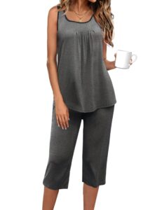 ekouaer capri pajama sets for women 2 piece soft cute pjs round neck sleeveless lounge set for summer sleepwear dark grey m