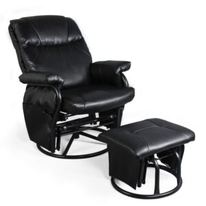 jiasting recliner chair with ottoman living room chairs faux leather glider chair 360 degree rotation leisure and relaxation furniture (black)