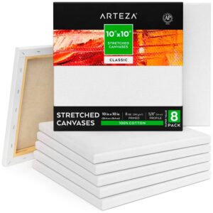 arteza stretched canvas, 10 x 10 inches, pack of 8, blank white square canvas for painting for acrylic, oil and gouache paints