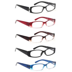 5 pack spring hinge reading glasses rectangular fashion quality readers for men and women (5 pack mix, 2.5)