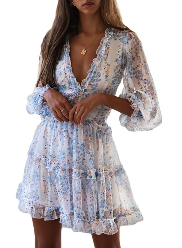 Dokotoo Womens Sun Casual V Neckline Long Sleeve Open Back Floral Print Mini Dress Bohemian Fashion Skater A Line Ruffle Hem Flowy Dresses White Large