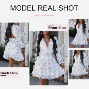 Dokotoo Womens Sun Casual V Neckline Long Sleeve Open Back Floral Print Mini Dress Bohemian Fashion Skater A Line Ruffle Hem Flowy Dresses White Large