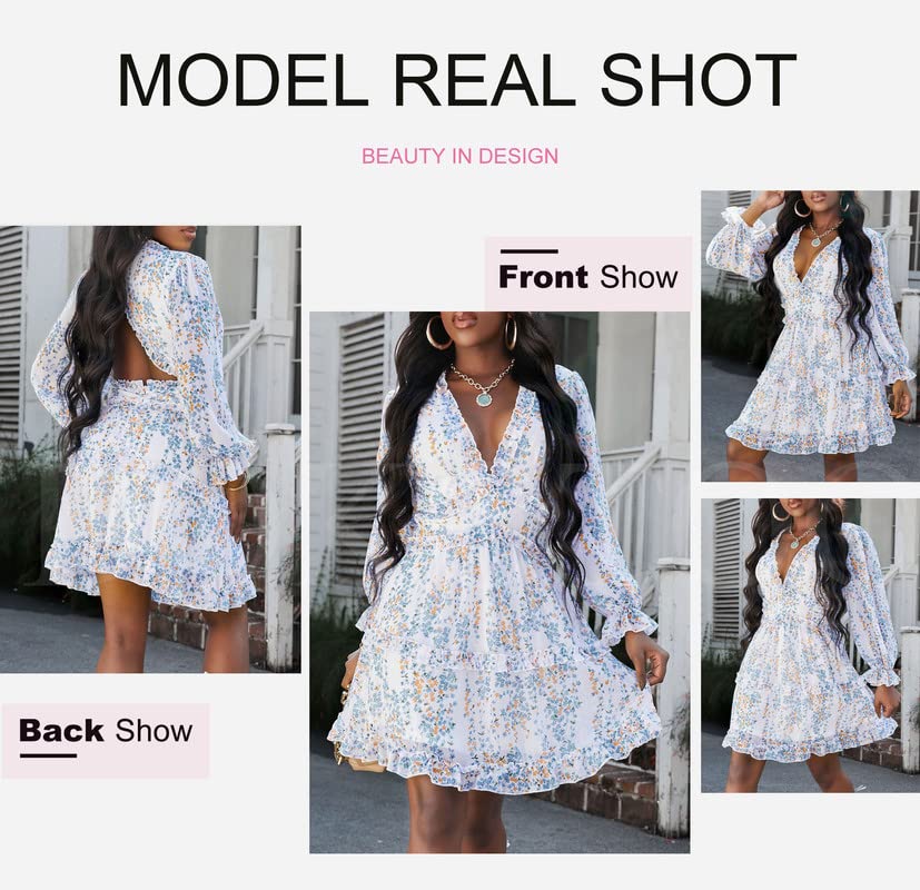 Dokotoo Womens Sun Casual V Neckline Long Sleeve Open Back Floral Print Mini Dress Bohemian Fashion Skater A Line Ruffle Hem Flowy Dresses White Large