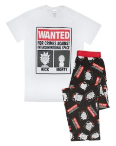 rick and morty mens pyjama set | wanted poster short sleeve graphic tee & long leg print pjs | sci-fi comedy merchandise multicoloured