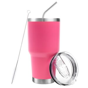 toopify 30 oz stainless steel insulated tumbler travel mug with straw slider lid, cleaning brush, double wall vacuum (hot pink)