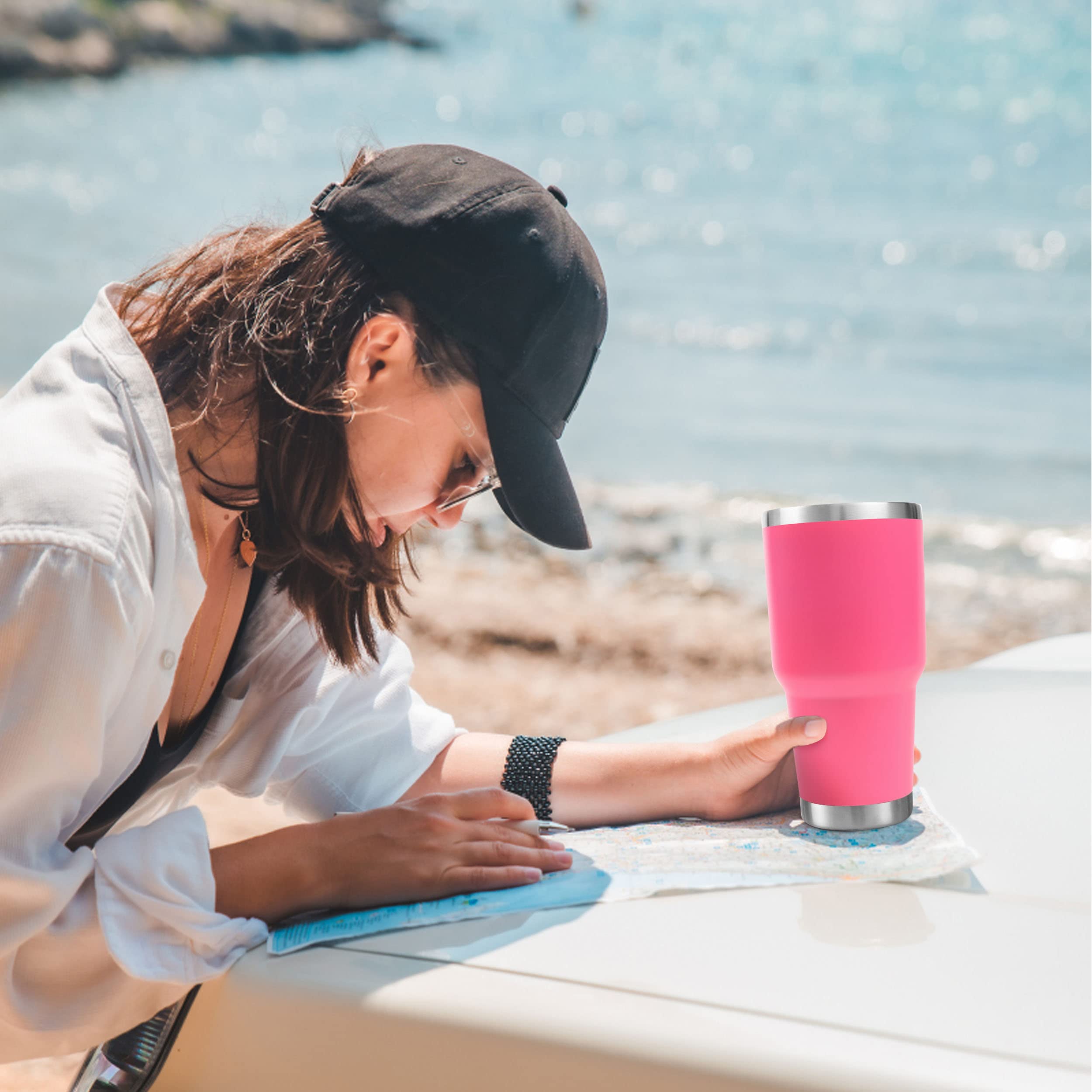 Toopify 30 oz Stainless Steel Insulated Tumbler Travel Mug with Straw Slider Lid, Cleaning Brush, Double Wall Vacuum (Hot Pink)