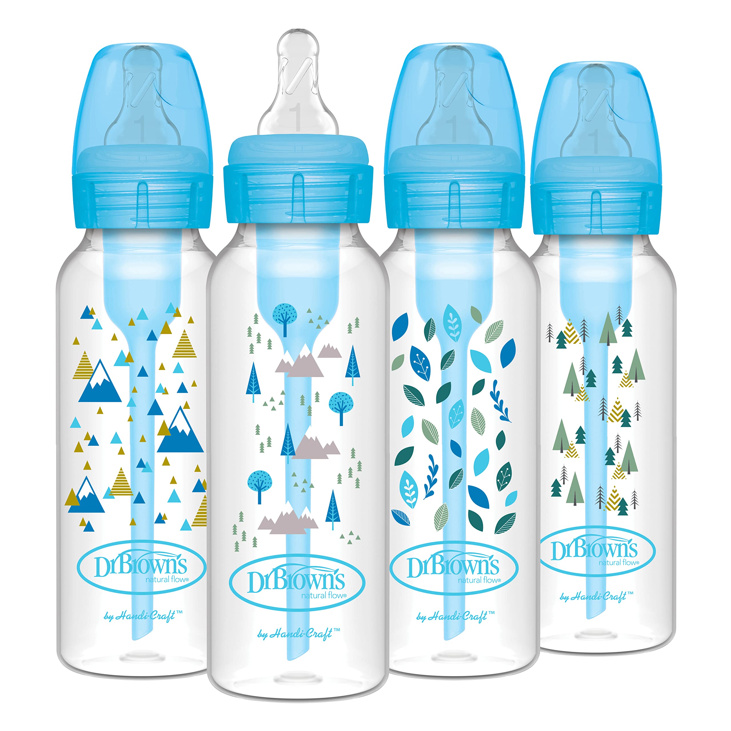 Dr. Brown's Natural Flow Anti-Colic Options+ Narrow Baby Bottle, Blue Nature, 8 oz/250 mL, with Level 1 Slow Flow Nipples, 0m+, 4 count (Pack of 1)