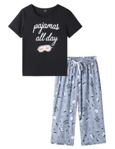 ventelan pajamas women short sleeve capri pjs cute sleepwear set, grey-coffee, large(us 12-14)