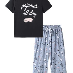 VENTELAN Pajamas Women Short Sleeve Capri PJS Cute Sleepwear Set, Grey-Coffee, Large(US 12-14)