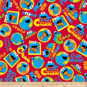 sesame street digital characters cookie monster toss red, fabric by the yard