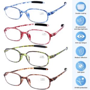 AQWANO 4 Pack Computer Reading Glasses Blue Light Blocking Lightweight TR90 Flexible Frame UV Protection Readers for Women Men +1.75