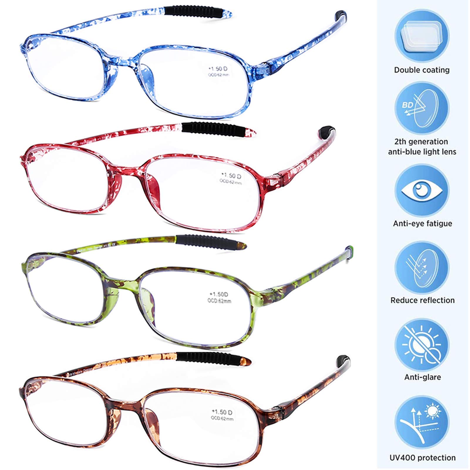 AQWANO 4 Pack Computer Reading Glasses Blue Light Blocking Lightweight TR90 Flexible Frame UV Protection Readers for Women Men +1.75