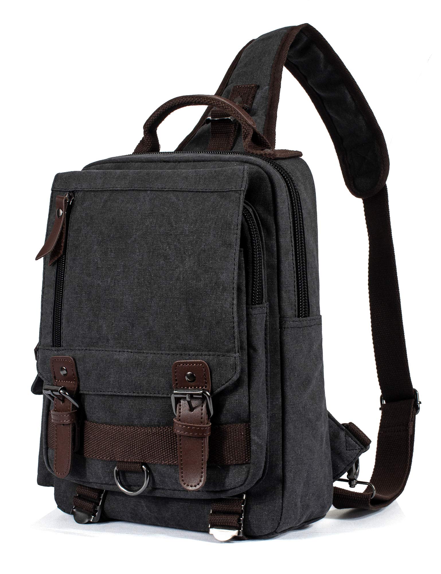 H HIKKER-LINK Canvas Messenger Bag Crossbody Shoulder Backpack Sling Bag Rucksack Daypack Casual Travel Medium Black