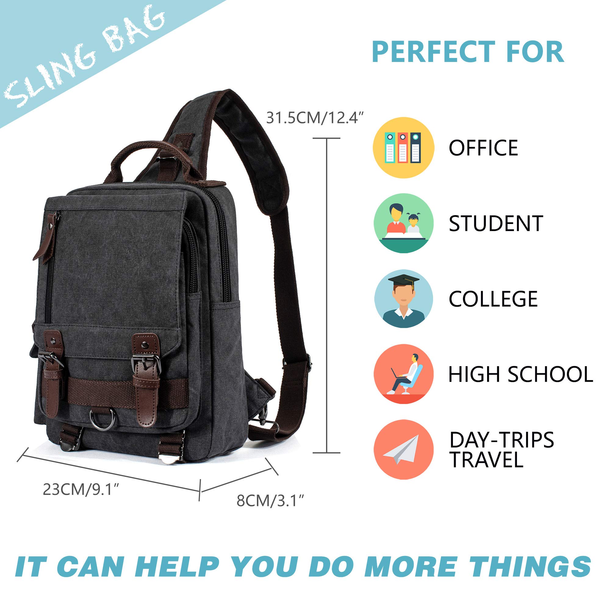 H HIKKER-LINK Canvas Messenger Bag Crossbody Shoulder Backpack Sling Bag Rucksack Daypack Casual Travel Medium Black