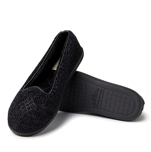 Dearfoams Women's Rebecca Lightweight Cozy Memory Foam Closed Back Slipper with Wide Widths, Black Chenille, 7-8