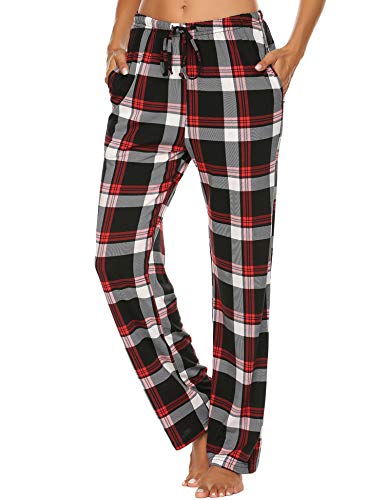 Ekouaer Women Pajama Pants Comfy Pj Bottom with Pockets Stretch Plaid Sleepwear Black and Wine Red Plaid Small