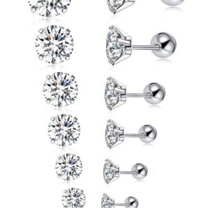 Tornito 7 Pairs 20G Stainless Steel Stud Earrings Round Cubic Zirconia Barbell Earring Set For Men Women 2MM-8MM Silver Tone