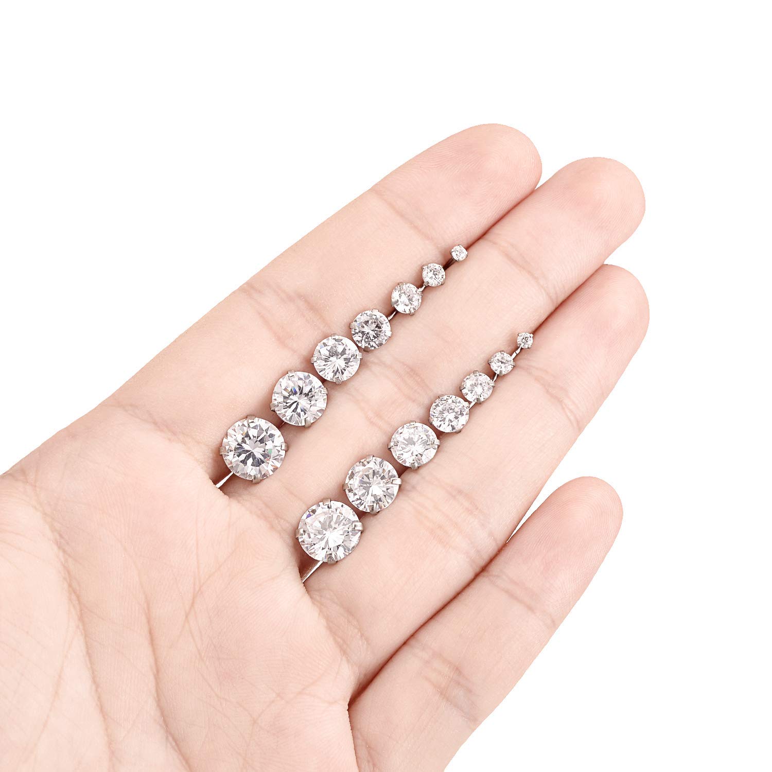 Tornito 7 Pairs 20G Stainless Steel Stud Earrings Round Cubic Zirconia Barbell Earring Set For Men Women 2MM-8MM Silver Tone