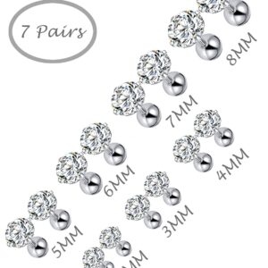 Tornito 7 Pairs 20G Stainless Steel Stud Earrings Round Cubic Zirconia Barbell Earring Set For Men Women 2MM-8MM Silver Tone