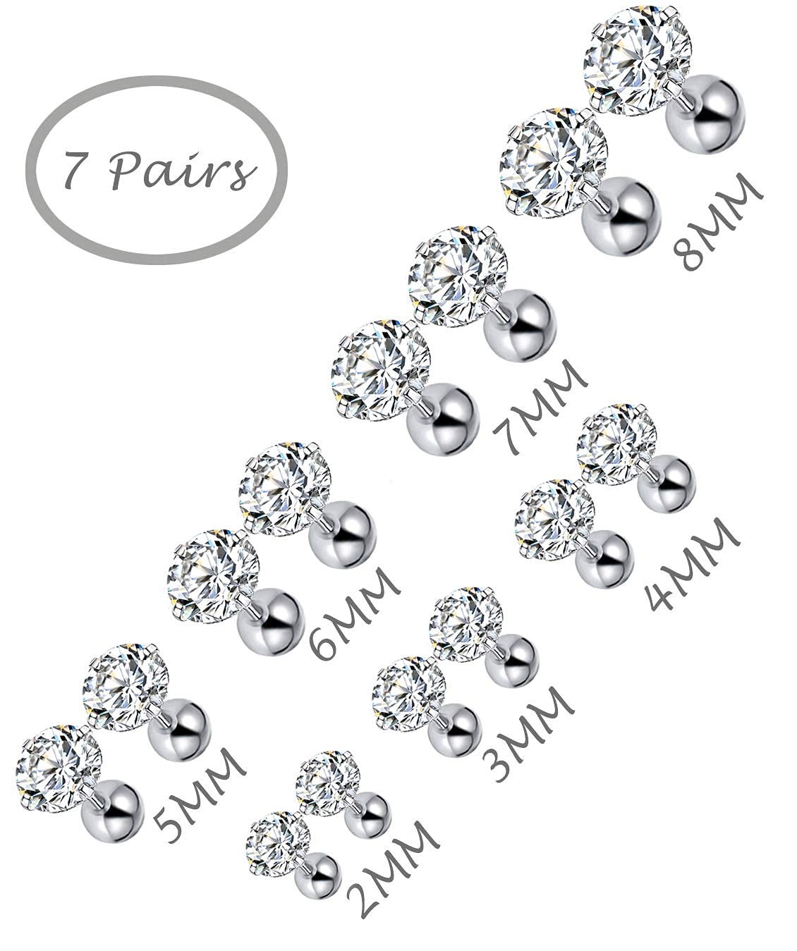 Tornito 7 Pairs 20G Stainless Steel Stud Earrings Round Cubic Zirconia Barbell Earring Set For Men Women 2MM-8MM Silver Tone